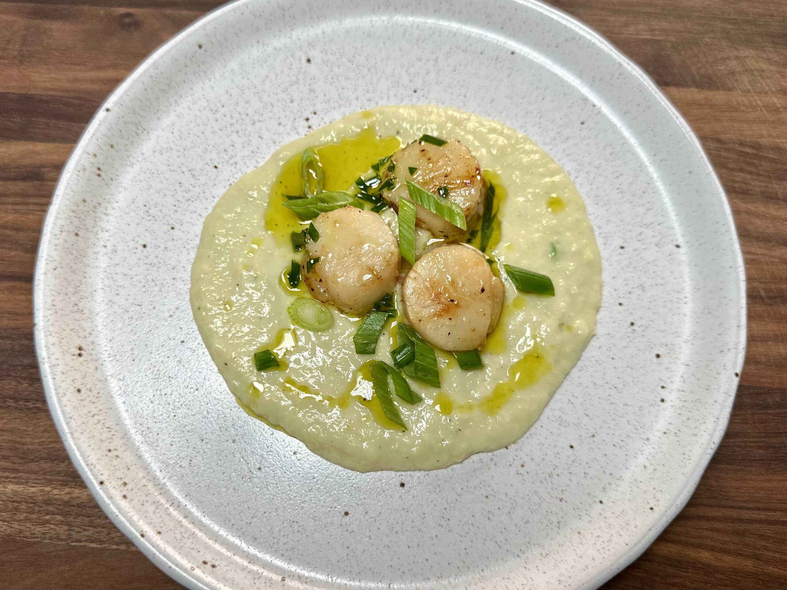 Seared Scallops with Sweet Corn Purée & Chive Oil - The Cool Mom Co.